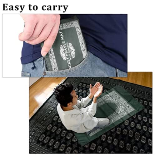 MuslimTravel Prayer Rug with Compass,Pocket Size Praying Mat Best Islamic Gift for Muslim (Dark Green&Black)