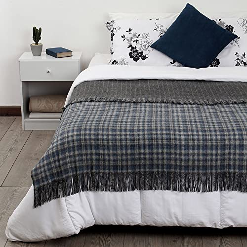 Scottish Style - Alpaca Throw Blanket Handwoven Soft Warm Gray/Blue Plaid Design 67" x 52"