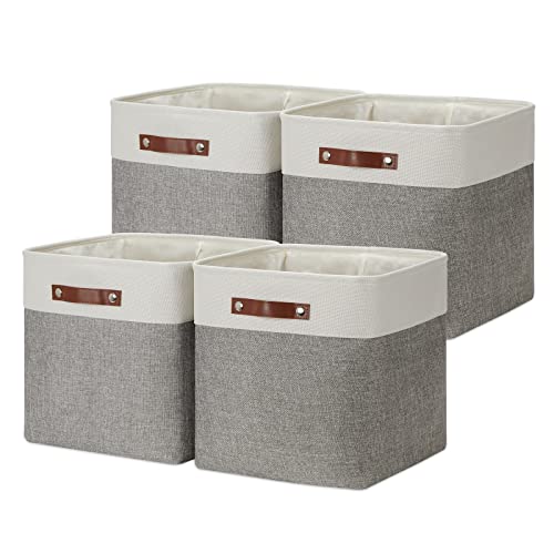DULLEMELO Collapsible Bundle Baskets 2 Narrow Baskets 15"x6"x5.5" + 4 Cube Baskets 13"x13"x13"(White&Grey)
