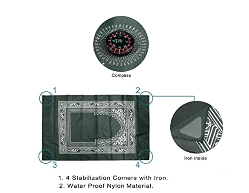MuslimTravel Prayer Rug with Compass,Pocket Size Praying Mat Best Islamic Gift for Muslim (Dark Green&Black)