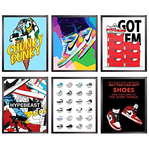 Hypebeast Room Decor, Sneakerhead Jordan AJ Sneaker Air Gym Shoes Shoebox Aesthetic Cool Poster Print Gift for Teen Boys Guys Men Home Dorm Bedroom Wall Art, Unframed 6Pcs (8 x 10In)