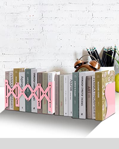 Adjustable Bookends, Metal Book Ends for Shelves Heavy Book, Desk Magazine File Organizer for Home, Office, Books, Papers, Extends up to 19 inches (Pink)