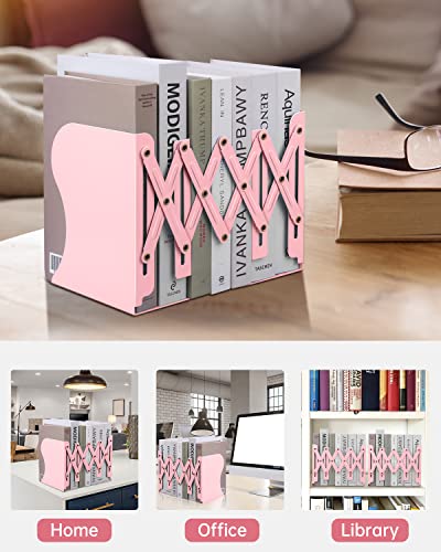 Adjustable Bookends, Metal Book Ends for Shelves Heavy Book, Desk Magazine File Organizer for Home, Office, Books, Papers, Extends up to 19 inches (Pink)