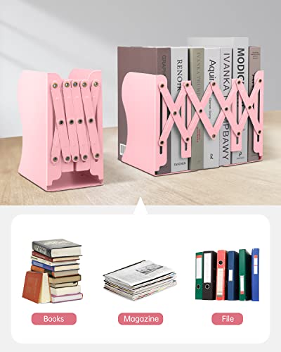 Adjustable Bookends, Metal Book Ends for Shelves Heavy Book, Desk Magazine File Organizer for Home, Office, Books, Papers, Extends up to 19 inches (Pink)