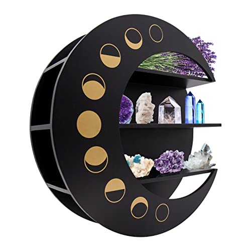 Myuilor Crescent Moon Shelf, Wooden Moon Shelf for Crystals, Stones & Essential Oils, Crystal Shelf Display Pine Floating Circle Shelf, Crystal Moon Shelves(Black)