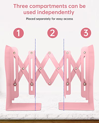 Adjustable Bookends, Metal Book Ends for Shelves Heavy Book, Desk Magazine File Organizer for Home, Office, Books, Papers, Extends up to 19 inches (Pink)