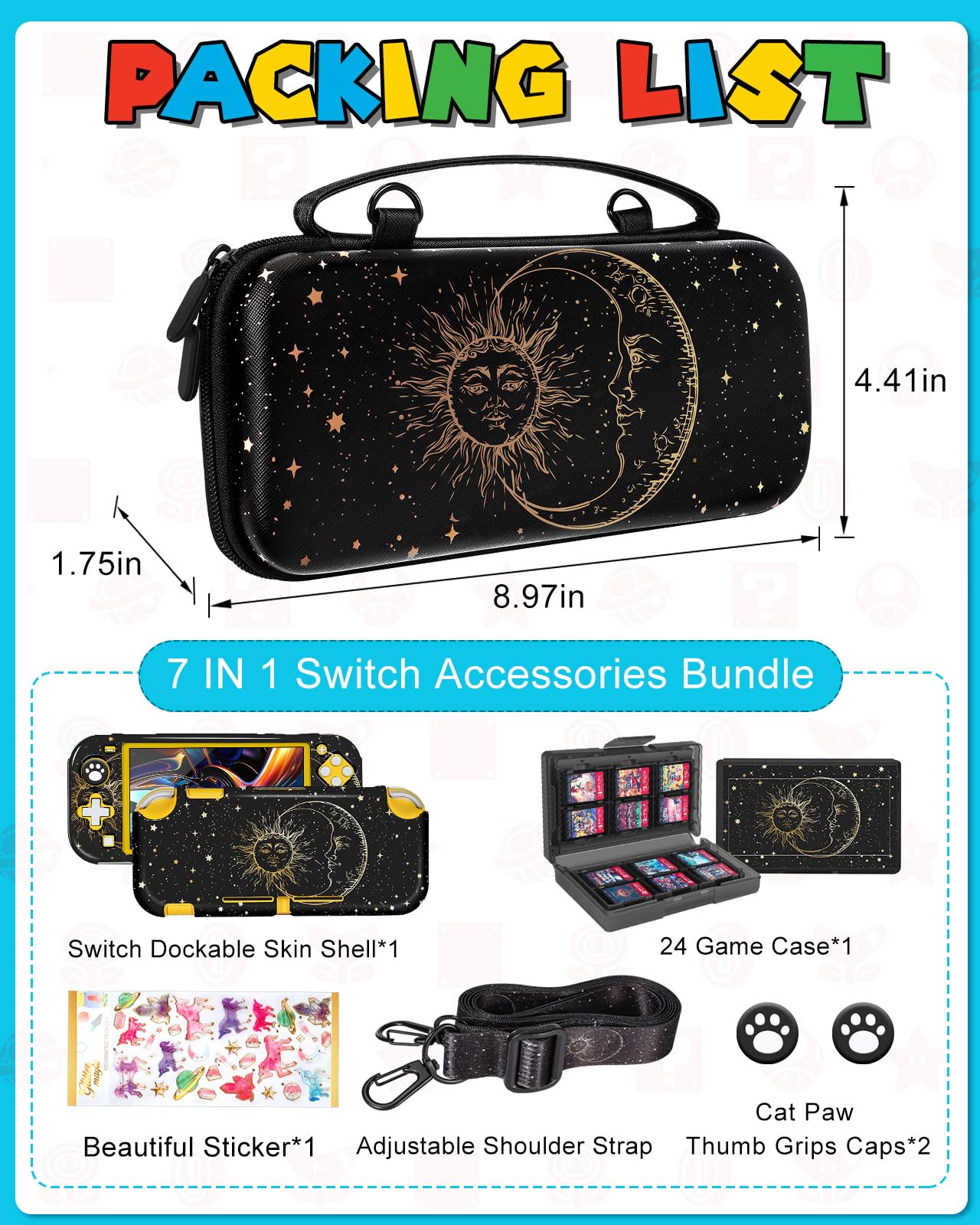 Gurgitat 7in1 Sun Moon Witchy Switch Lite Case for Nintendo Switch Lite Carrying Cases Girly Protective Cover Dockable Skin+Thumb Grips+Game Holder+Shoulder Strap+Sticker for Switch Lite Travel Case