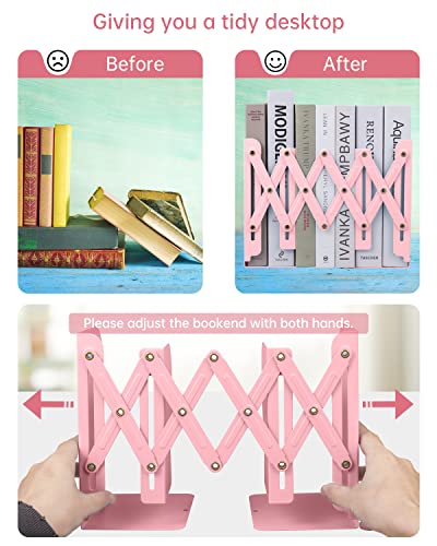 Adjustable Bookends, Metal Book Ends for Shelves Heavy Book, Desk Magazine File Organizer for Home, Office, Books, Papers, Extends up to 19 inches (Pink)