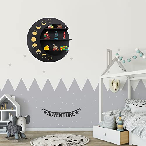 Myuilor Crescent Moon Shelf, Wooden Moon Shelf for Crystals, Stones & Essential Oils, Crystal Shelf Display Pine Floating Circle Shelf, Crystal Moon Shelves(Black)