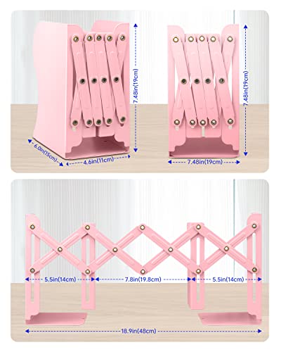 Adjustable Bookends, Metal Book Ends for Shelves Heavy Book, Desk Magazine File Organizer for Home, Office, Books, Papers, Extends up to 19 inches (Pink)