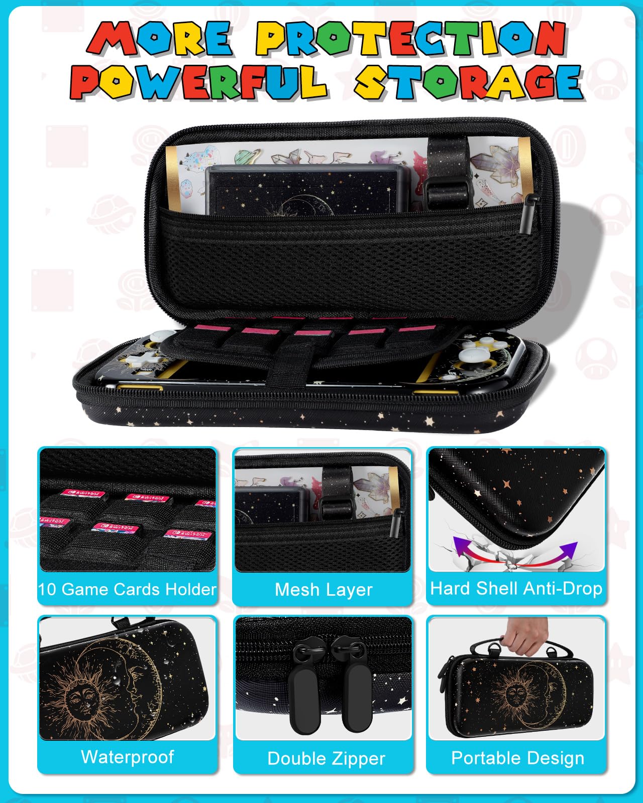 Gurgitat 7in1 Sun Moon Witchy Switch Lite Case for Nintendo Switch Lite Carrying Cases Girly Protective Cover Dockable Skin+Thumb Grips+Game Holder+Shoulder Strap+Sticker for Switch Lite Travel Case