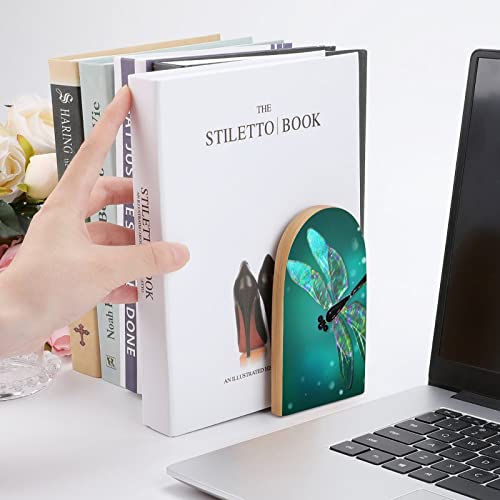 IMXBTQA Exquisite Printed Bookends,Glass Dragonfly Green Heavy Duty Wood + Metal Book Ends Supports Desktop Books Organizer Book Cds Storage for Office School Library Home, One Size