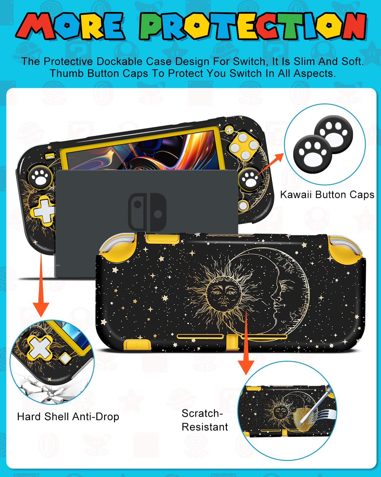Gurgitat 7in1 Sun Moon Witchy Switch Lite Case for Nintendo Switch Lite Carrying Cases Girly Protective Cover Dockable Skin+Thumb Grips+Game Holder+Shoulder Strap+Sticker for Switch Lite Travel Case