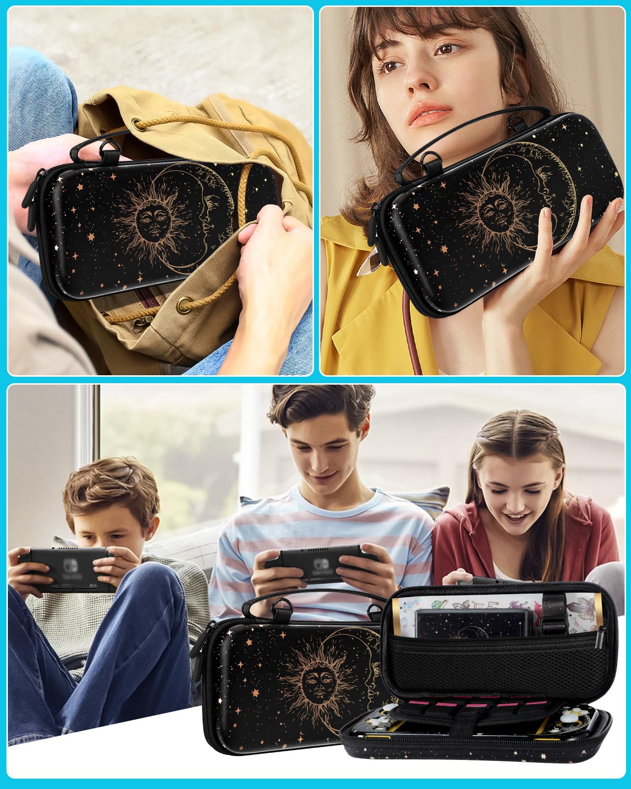 Gurgitat 7in1 Sun Moon Witchy Switch Lite Case for Nintendo Switch Lite Carrying Cases Girly Protective Cover Dockable Skin+Thumb Grips+Game Holder+Shoulder Strap+Sticker for Switch Lite Travel Case