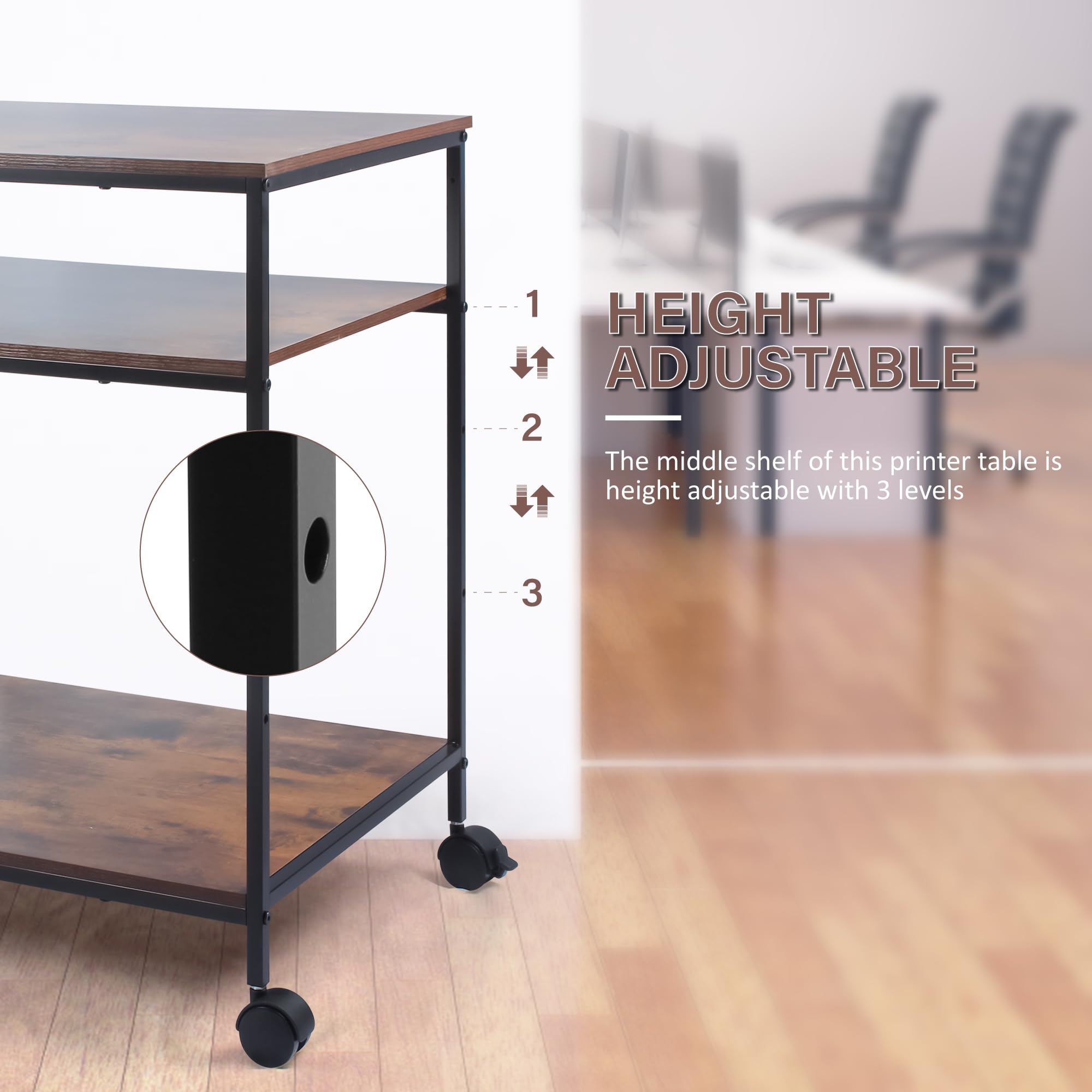 EMERIT Large Printer Stand, 23.6" W x 18.9" D x 31.5" H Printer Table with Adjustable Storage Shelf, 3 Tier Rolling Laser Printer Cart with Wheels for Home Office- Support 100 LBS Each Tier
