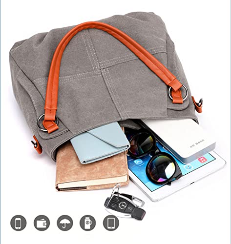 Large Pocket Casual Handbags Canvas Crossbody Bag for Women, Multi Compartment Tote Purse Leather Bags (Black)