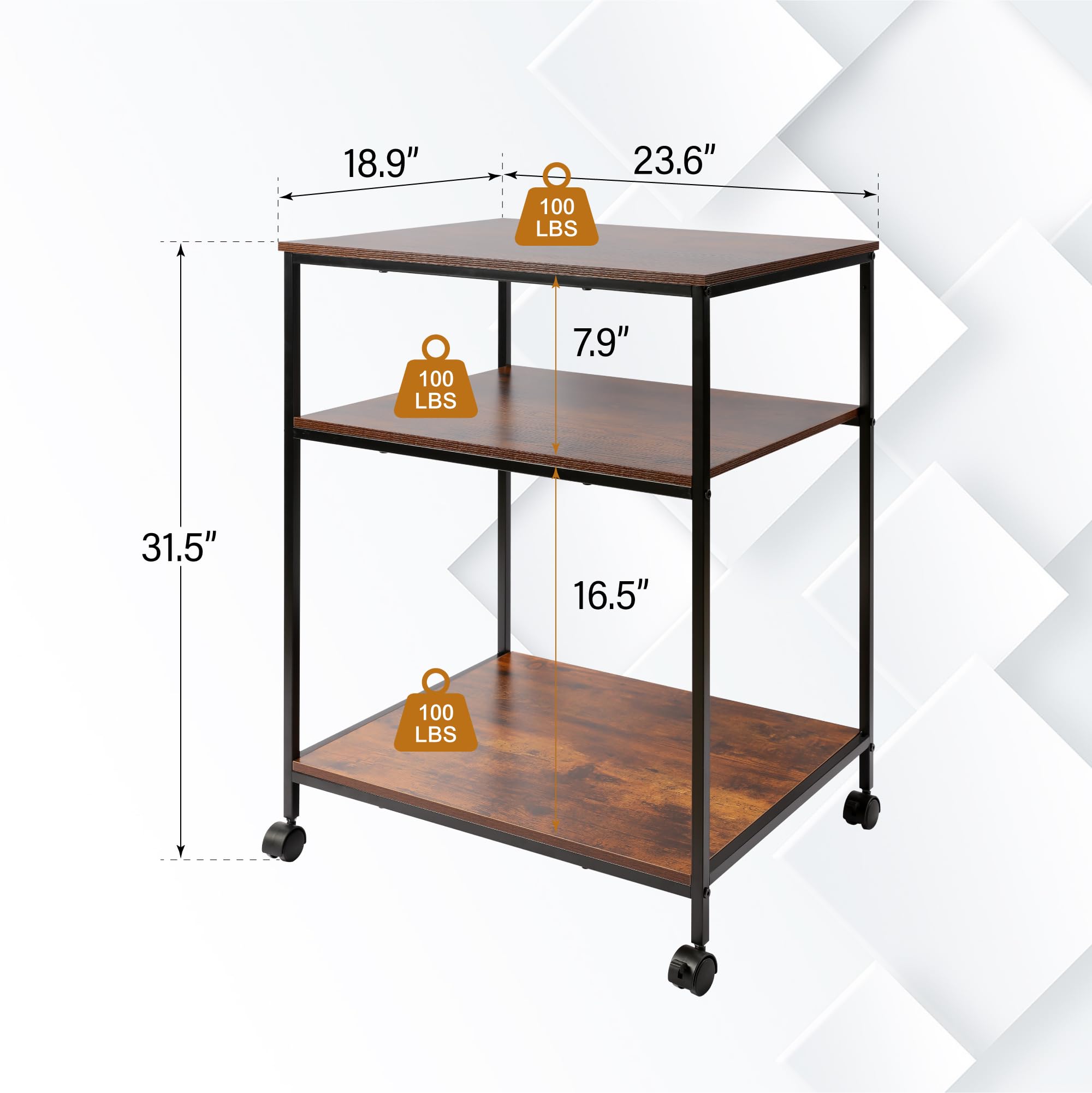 EMERIT Large Printer Stand, 23.6" W x 18.9" D x 31.5" H Printer Table with Adjustable Storage Shelf, 3 Tier Rolling Laser Printer Cart with Wheels for Home Office- Support 100 LBS Each Tier