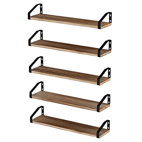 Wallniture Braga 24" Floating Shelves, Bookshelf Wall Decor Living Room Bathroom Shelves Over Toilet, Bedroom Kitchen Organization, Burnt Finish Set of 5