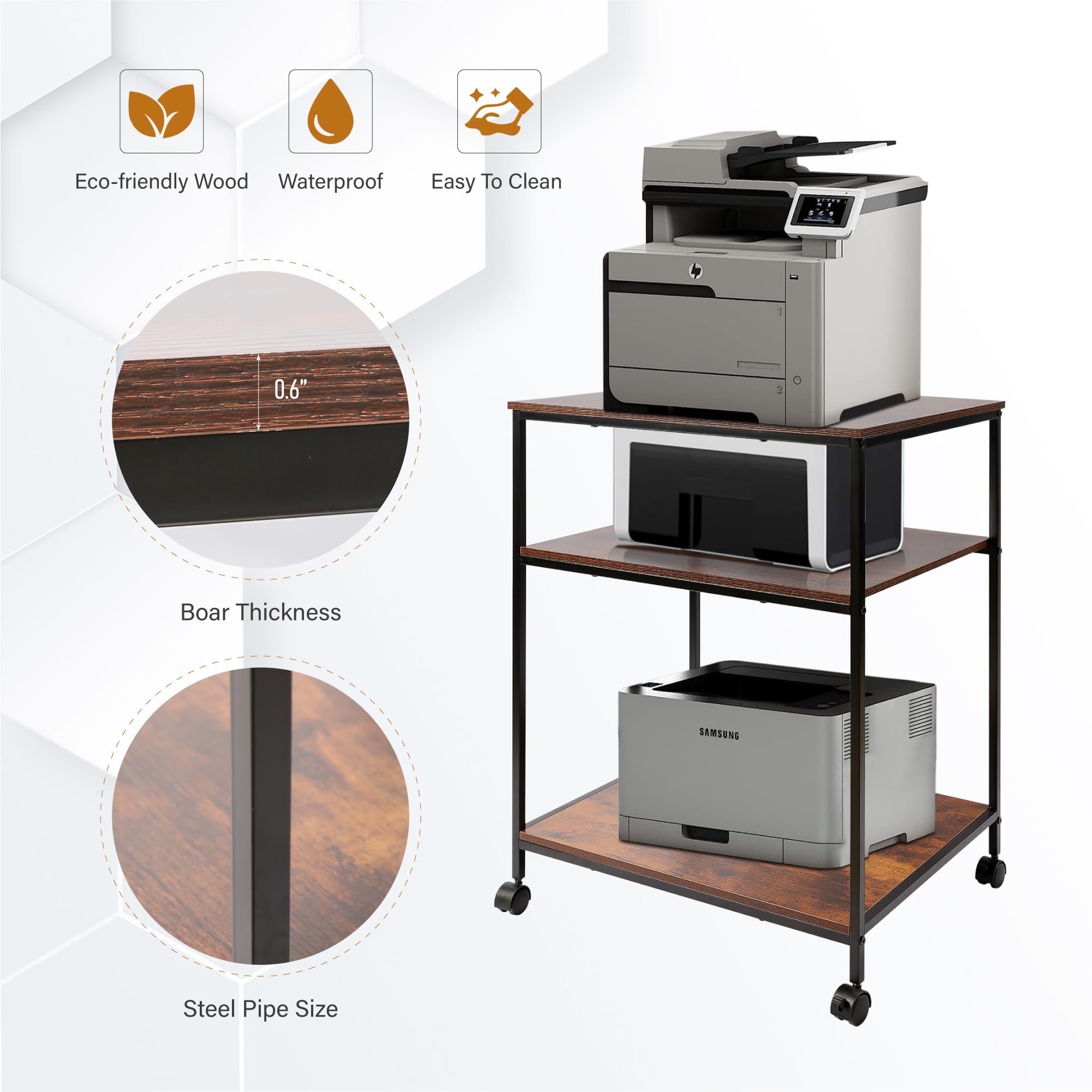EMERIT Large Printer Stand, 23.6" W x 18.9" D x 31.5" H Printer Table with Adjustable Storage Shelf, 3 Tier Rolling Laser Printer Cart with Wheels for Home Office- Support 100 LBS Each Tier