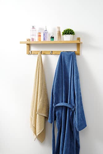 YourWoodStore Wall Mounted Coat Rack with Shelf, Floating Shelf, Natural, Wooden, 5 Alloy Hooks, 27 Inch, Supports Advanced Stud Spacing(24Inch), Entryway Organizer, Key Holder