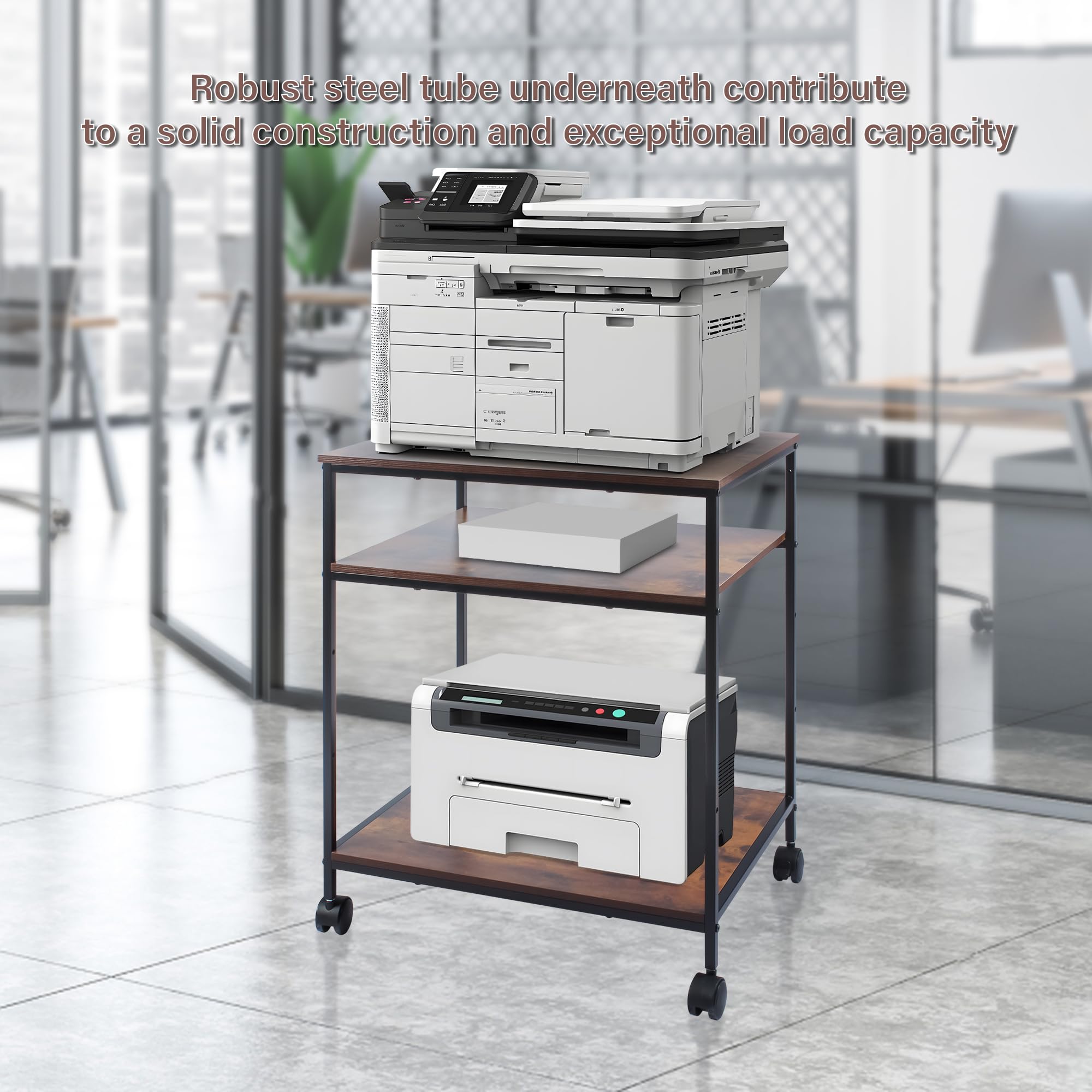 EMERIT Large Printer Stand, 23.6" W x 18.9" D x 31.5" H Printer Table with Adjustable Storage Shelf, 3 Tier Rolling Laser Printer Cart with Wheels for Home Office- Support 100 LBS Each Tier