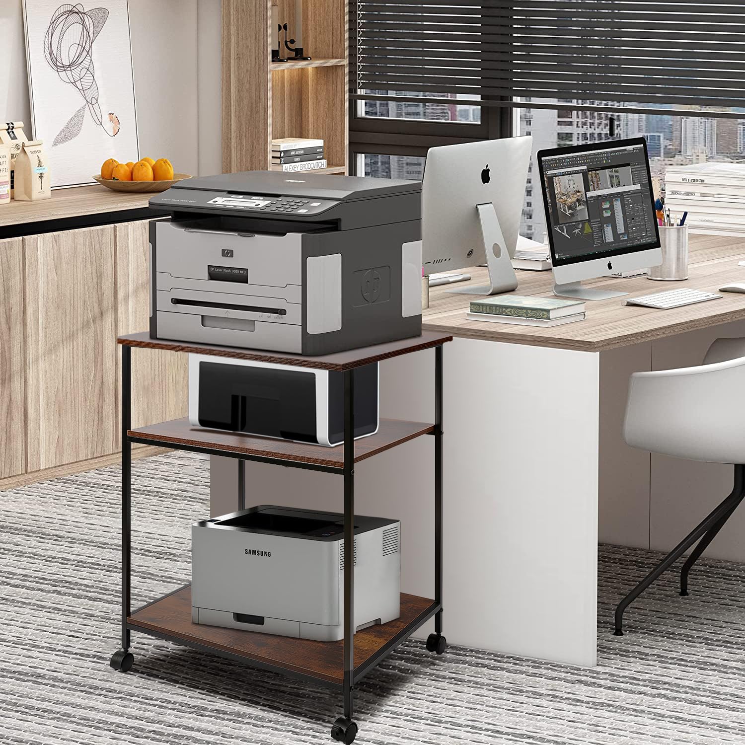 EMERIT Large Printer Stand, 23.6" W x 18.9" D x 31.5" H Printer Table with Adjustable Storage Shelf, 3 Tier Rolling Laser Printer Cart with Wheels for Home Office- Support 100 LBS Each Tier