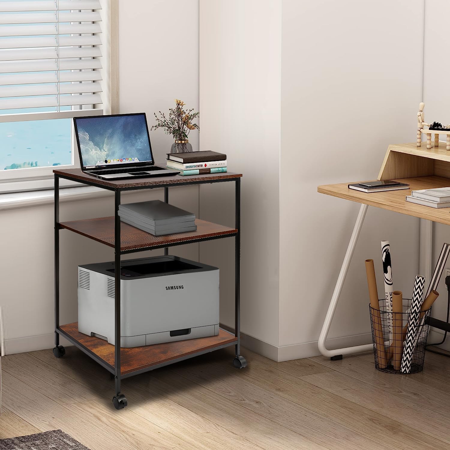 EMERIT Large Printer Stand, 23.6" W x 18.9" D x 31.5" H Printer Table with Adjustable Storage Shelf, 3 Tier Rolling Laser Printer Cart with Wheels for Home Office- Support 100 LBS Each Tier