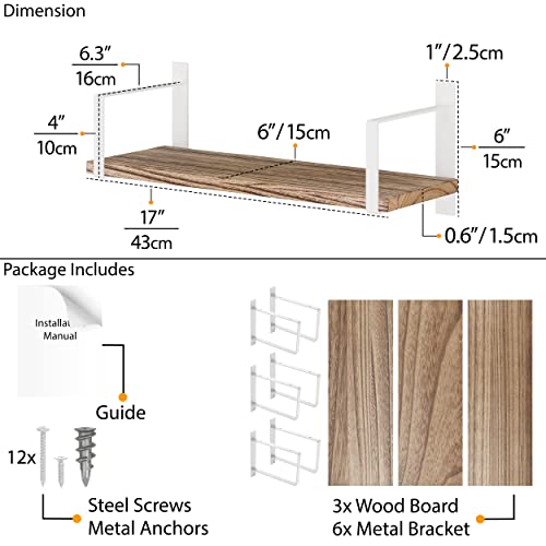 Wallniture Toledo 17"x6" Floating Shelves for Wall Storage, Wall Shelf for Living Room, Bathroom Organization, Bedroom, Office & Kitchen Shelves Burnt Finish Set of 3