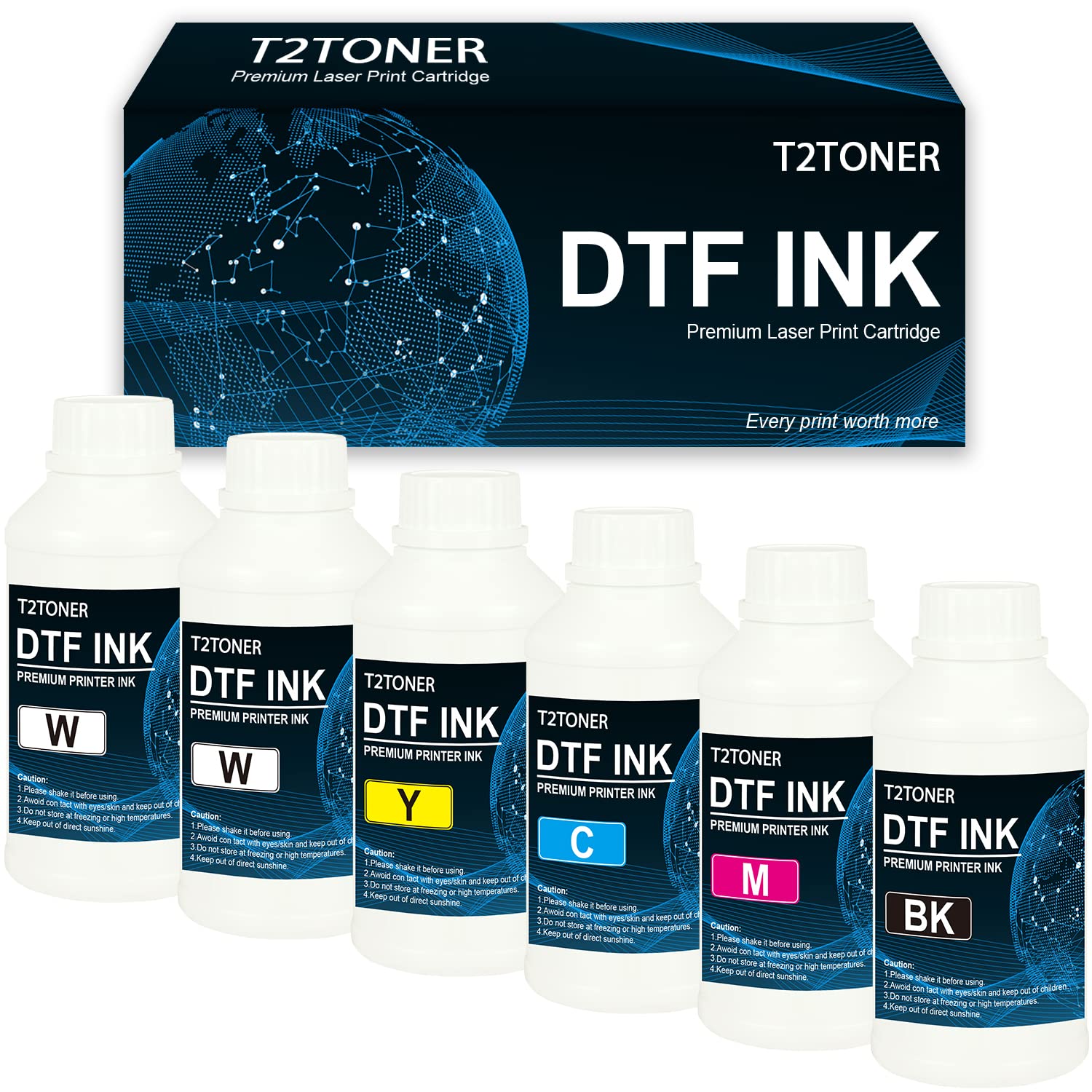 T2TONER DTF 6 x 250ML Ink Replacement for printhead R1390 R2400 R2800 L1800 L1430 L800 P408 P400 P608 XP-15000 Printer.2W+BCMY