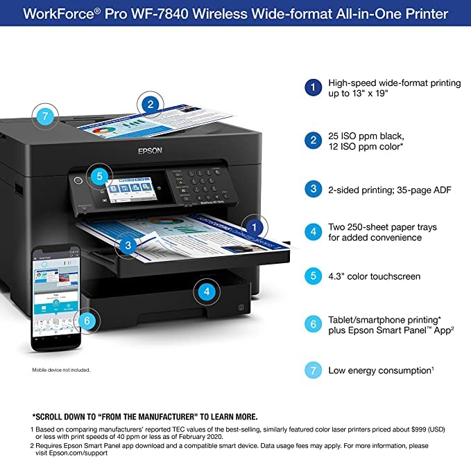 Epson Workforce Pro WF-78 Series Wireless All-in-One Inkjet Printer, Wide-Format Printing up to 13" x 19", Auto Duplex Print, Copy Scan Fax, Two 250-Sheet Trays, 50-Sheet ADF