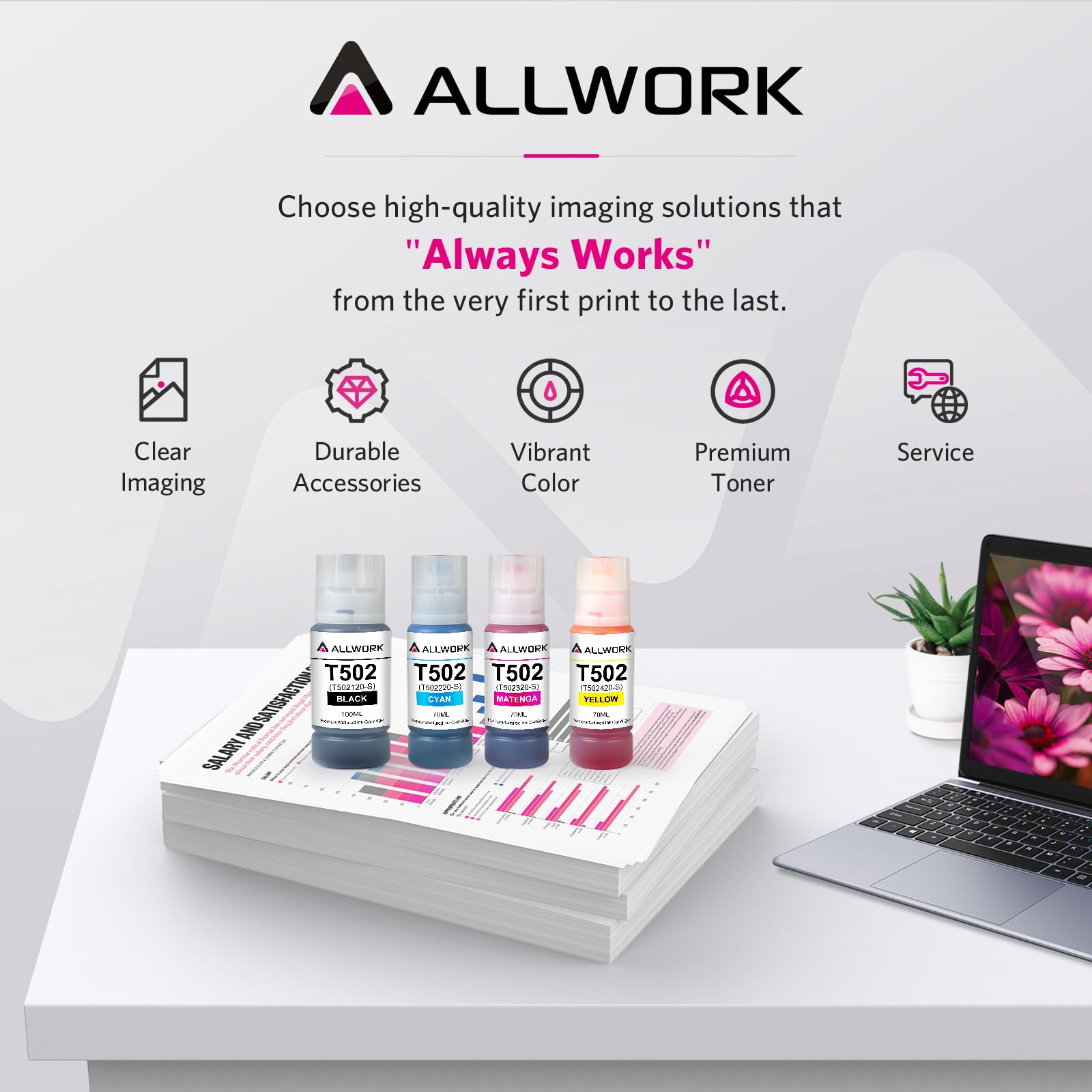 ALLWORK 4pk Compatible T502 Ink Bottle Refill Regular Ink Replacement for Epson 502 T502 for ET-15000 ET-2700 ET-2720 ET-2750 ET-2760 ET-3750 ET-3760 ET-4700 ET-4750 ET-4760 ET-7700 ET-7750 Printer