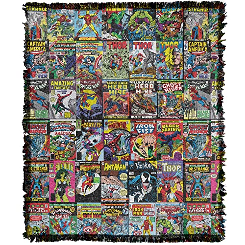 LOGOVISION Marvel Comic Blanket, 50"x60" Misc. Comic Collage Woven Tapestry Cotton Blend Fringed Throw
