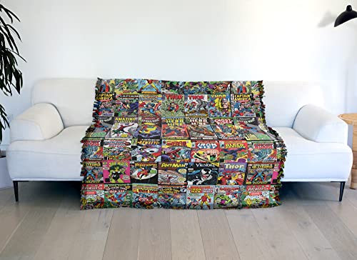 LOGOVISION Marvel Comic Blanket, 50"x60" Misc. Comic Collage Woven Tapestry Cotton Blend Fringed Throw