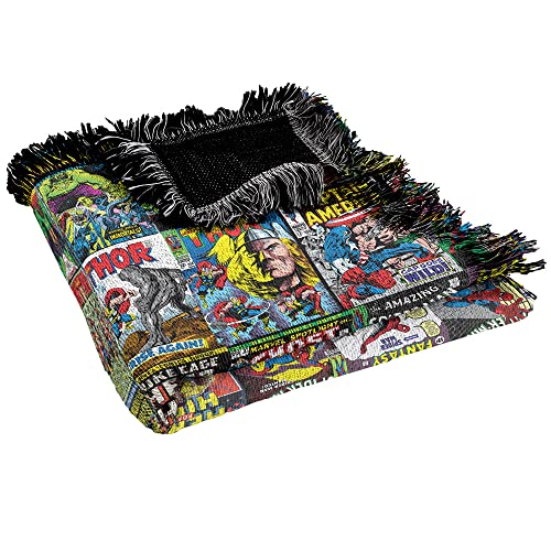 LOGOVISION Marvel Comic Blanket, 50"x60" Misc. Comic Collage Woven Tapestry Cotton Blend Fringed Throw