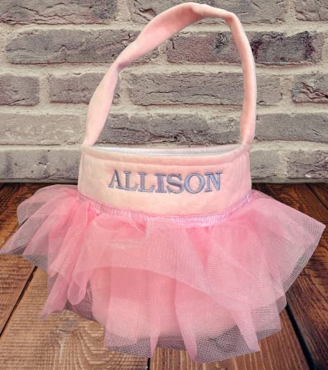 Personalized Tutu Easter Basket - Egg Hunt Bucket with Name Embroidered - Customized for Girls (Pink)