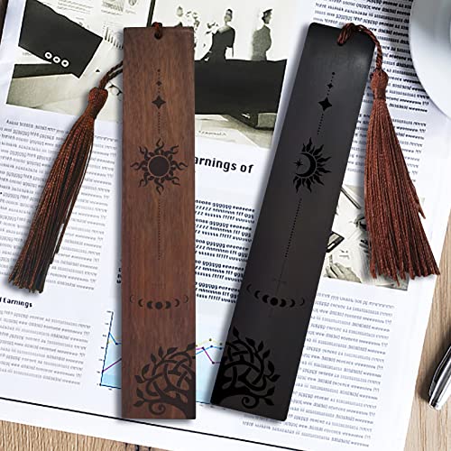 CRASPIRE Wood Bookmark 2 Colors Sun & Moon Engraved Book Mark Gifts Tree of Life Bookmarks with Tassel Pendant for Book Lovers Teacher Students