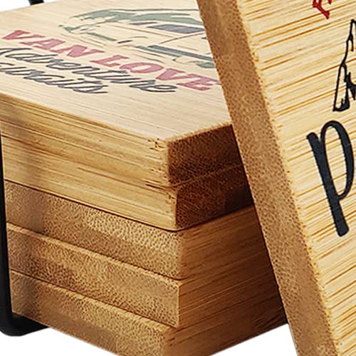 Haigoo Camping Coasters Set of 6, Happy Camper Bamboo Coaster with Holder, RV Lover Gifts Square Drink Coasters Suitable for Various Cups,Friends Home Bar RV Decor Camp Coasters