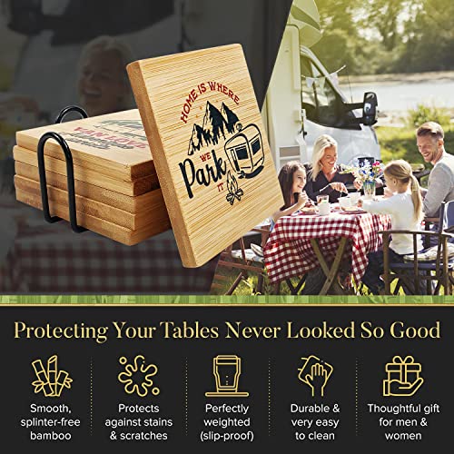 Haigoo Camping Coasters Set of 6, Happy Camper Bamboo Coaster with Holder, RV Lover Gifts Square Drink Coasters Suitable for Various Cups,Friends Home Bar RV Decor Camp Coasters