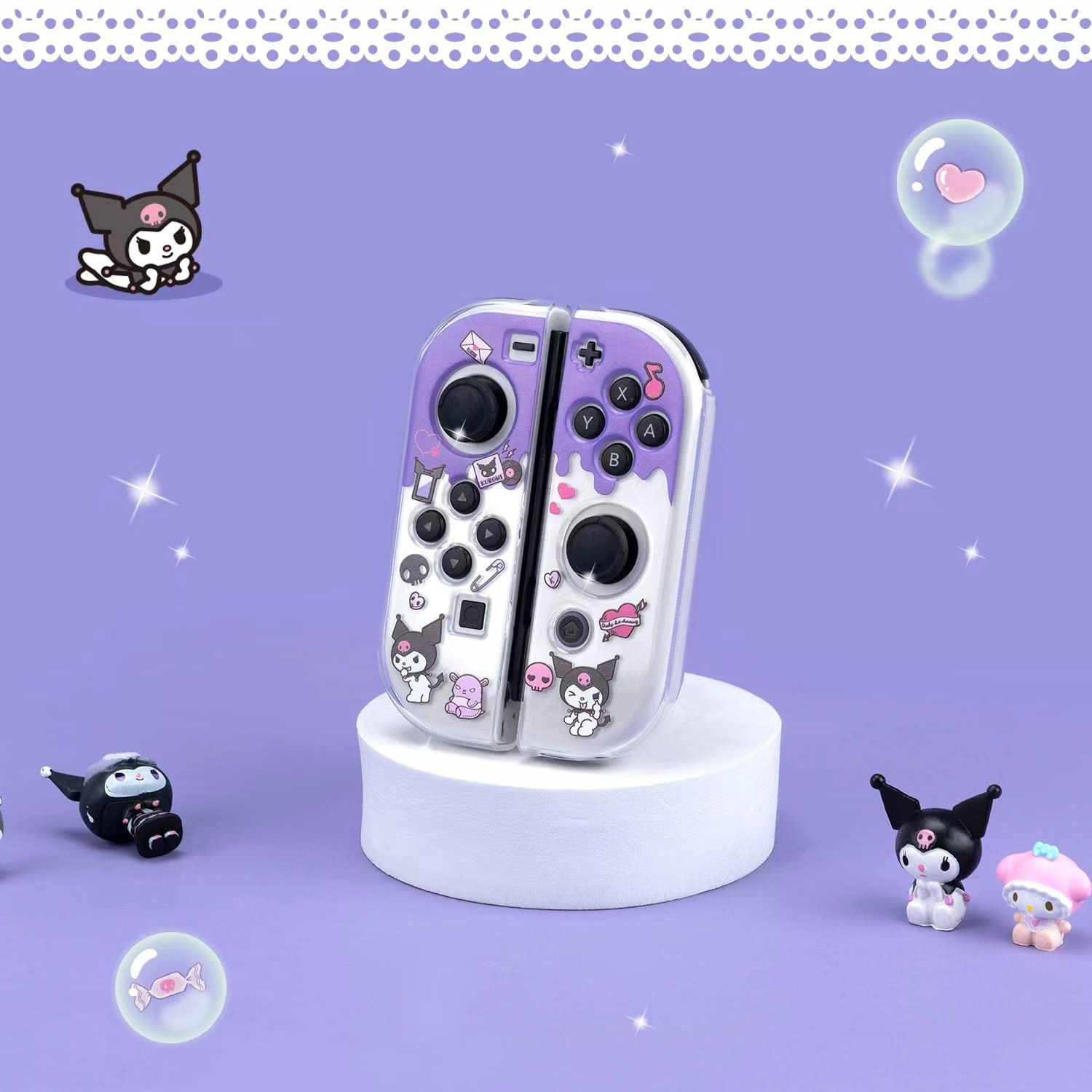 Eamily Cute Kuromi Case Compatible with Nintendo Switch, Dockable Case Cover, Ergonomic Soft TPU Grip Case for Joycon, Sparkle Skin Set