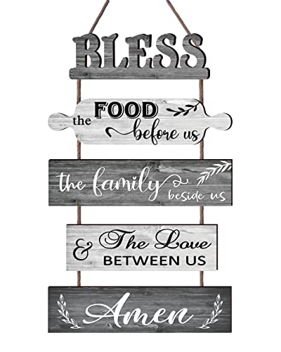 Buecasa Bless the Food Before Us Farmhouse Kitchen Wall Decor - Dining Room Decorations Collage Wall Art in White Grey Color - Wooden Rustic 5pcs Roped Sign 13x24 Inches Vertical