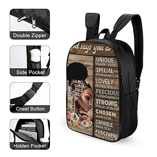 African American Women God Says You Are Unique Melanin Backpack Large Bookbag Double Sided Prints Travel Backpack Unisex Casual Backpack School Backpack, 17 Inch, Black Girl Pride