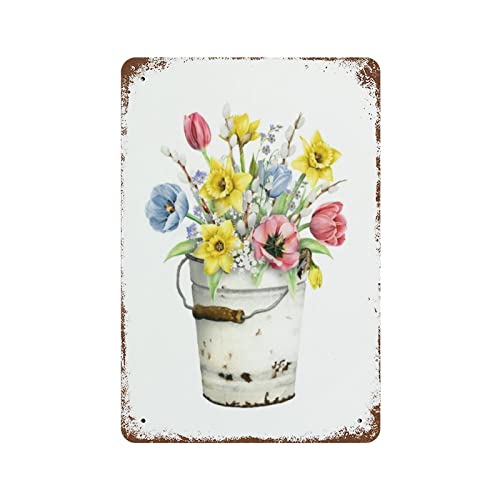 VIOFLOW Daffodil Floral Bouquet Farmhouse Metal Tin Sign Spring Flowers Wall Decor Funny Decoration for Home Kitchen Bar Garage Vintage Retro Poster Plaque Tin Signs 8X12 Inches