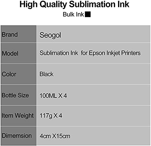 seogol Black Sublimation Ink for Epson EcoTank Workforce Printers ET-2720 ET-2760 ET-2750 ET-15000 ET-4700 ET-3760 WF-7710 WF-7720 WF-7210 C88+ ETC.(400ml/Offer Free ICC Printing)