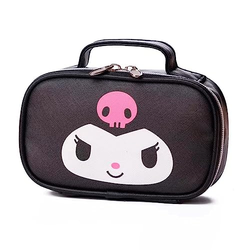 NGCJZF Kawaii Anime Makeup Bag, Cute Cartoon Cosmetics Bag, Mini Travel Toiletry Bag, Waterproof Reusable Faux Leather Makeup Accessories for Women (Black)
