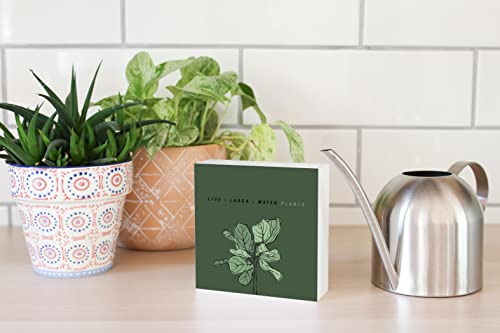 Green Fiddle Leaf Fig Tree, JoyRide Home Decor Wood Block Sign, 5"x5" Freestanding, Shelf or Wall Displayed, Artist Designed Home Décor.