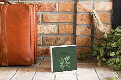 Green Fiddle Leaf Fig Tree, JoyRide Home Decor Wood Block Sign, 5"x5" Freestanding, Shelf or Wall Displayed, Artist Designed Home Décor.