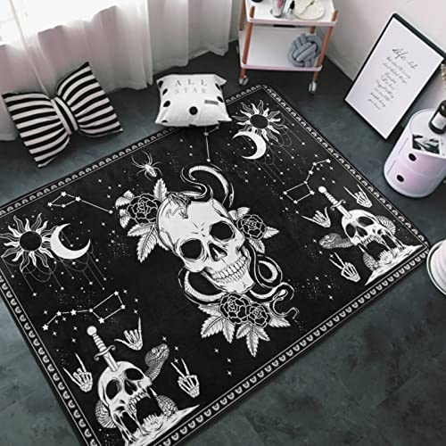 Skull Black and White Snake Moth Skeleton Mandala Moon Star Pattern Area Rug Rugs Non-Slip Floor Mat Doormats Living Dining Room Bedroom Dorm 60 x 39 inches inches Home Decor