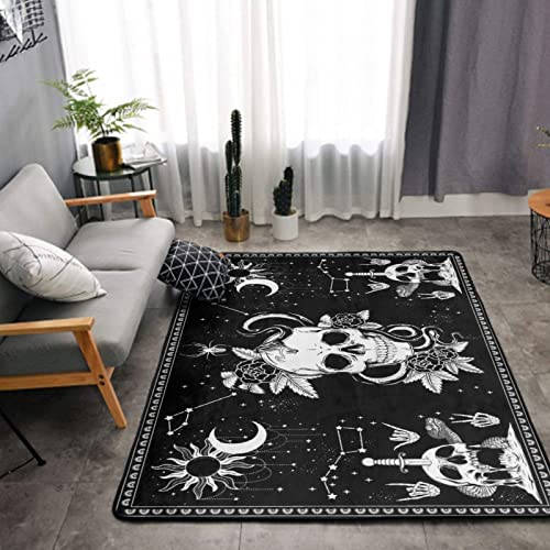 Skull Black and White Snake Moth Skeleton Mandala Moon Star Pattern Area Rug Rugs Non-Slip Floor Mat Doormats Living Dining Room Bedroom Dorm 60 x 39 inches inches Home Decor