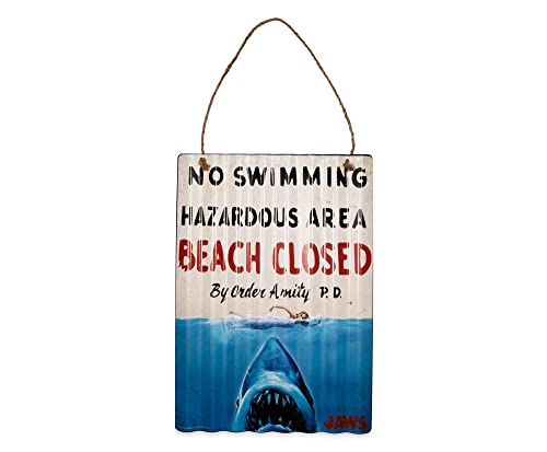 JAWS "Beach Closed" Corrugated Tin Sign Hanging Wall Art | Steven Spielberg Classic Movie Gifts and Collectibles | 12 x 16 Inches