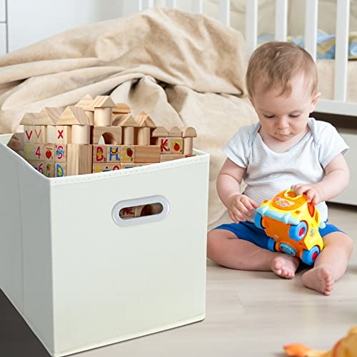 STOREONE Fabric Storage Bins Cubes Baskets Containers-(11X11X11") with Dual Handles Cube Storage Organizer Bins for Shelf Closet, Bedroom Organizers, Foldable Set of 3 (Creamy- White )